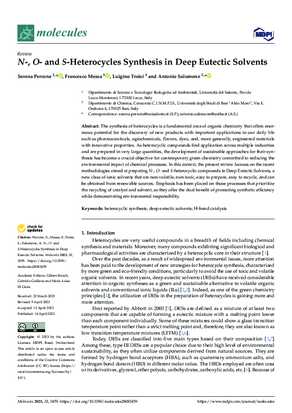 (PDF) N-, O- and S-Heterocycles Synthesis in Deep Eutectic Solvents