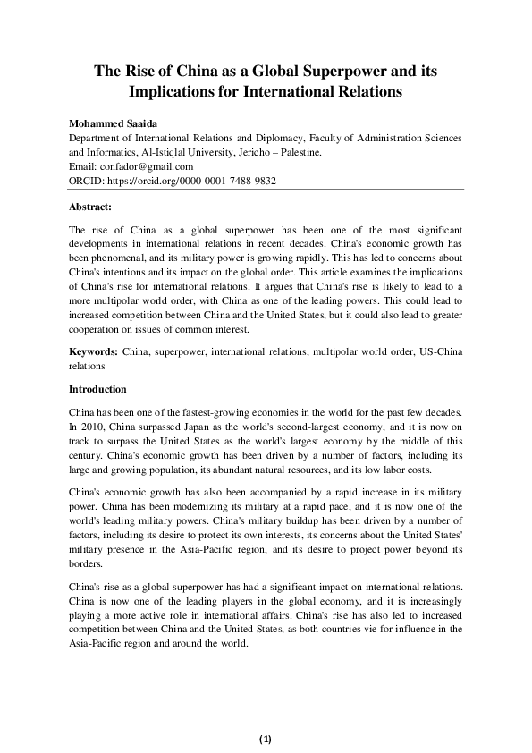 (PDF) The Rise of China as a Global Superpower and its Implications for ...