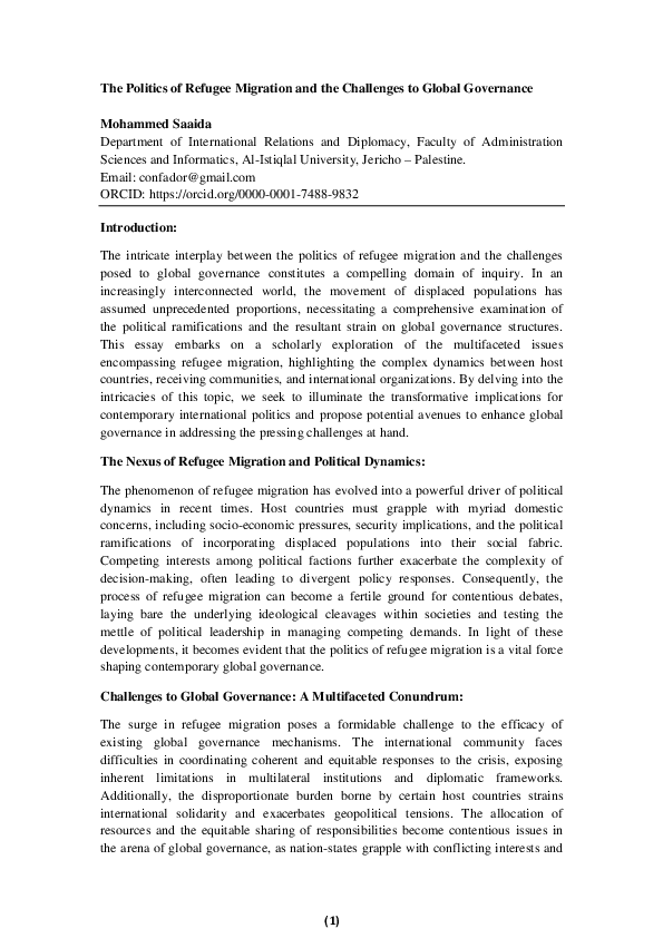 (PDF) The Politics of Refugee Migration and the Challenges to Global ...