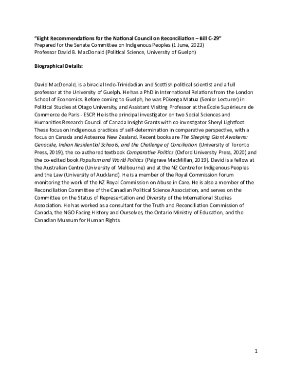(DOC) "Eight Recommendations for the National Council on Reconciliation ...