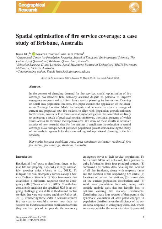 (PDF) Spatial optimisation of fire service coverage: a case study of Brisbane, Australia