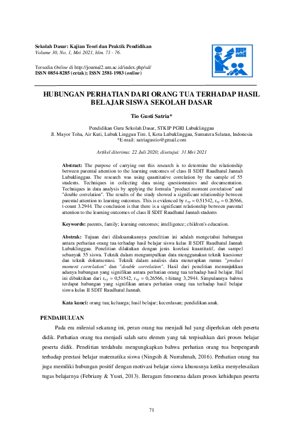 (PDF) Hubungan Perhatian dari Orang Tua terhadap Hasil Belajar Siswa Sekolah Dasar