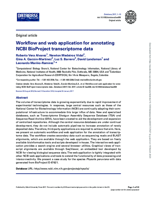 (PDF) Workflow and web application for annotating NCBI BioProject transcriptome data