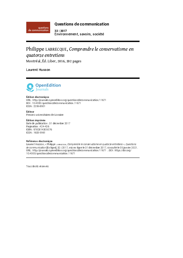 (PDF) Philippe Labrecque, Comprendre le conservatisme en quatorze entretiens. Montréal, Éd ...