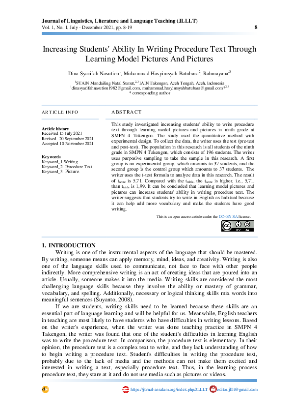 (PDF) Increasing Students' Ability In Writing Procedure Text Through Learning Model Pictures And ...