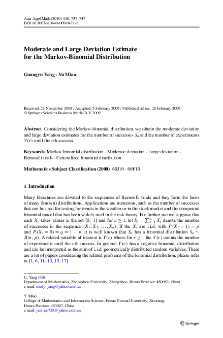 (PDF) Moderate and Large Deviation Estimate for the Markov-Binomial Distribution