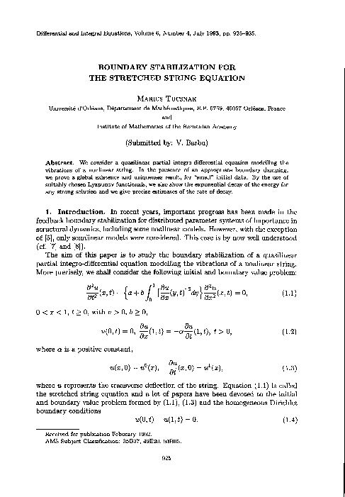 (PDF) Boundary stabilization for the stretched string equation | Marius ...