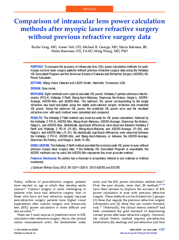 (PDF) Comparison of intraocular lens power calculation methods after myopic laser refractive ...