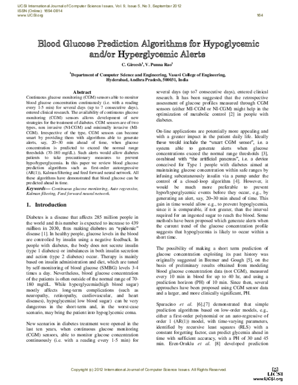 (PDF) Blood Glucose Prediction Algorithms for Hypoglycemic and/or Hyperglycemic Alerts