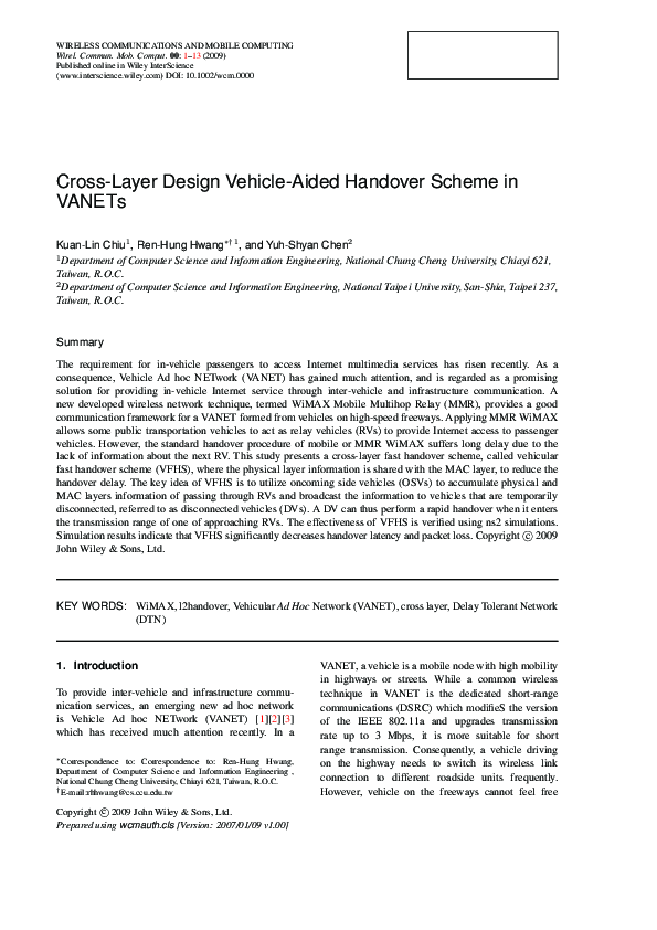 (PDF) Cross-layer design vehicle-aided handover scheme in VANETs