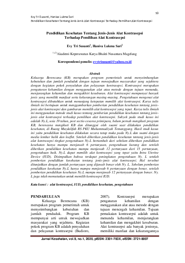 (PDF) Pendidikan Kesehatan Tentang Jenis-Jenis Alat Kontrasepsi Terhadap Pemilihan Alat Kontrasepsi