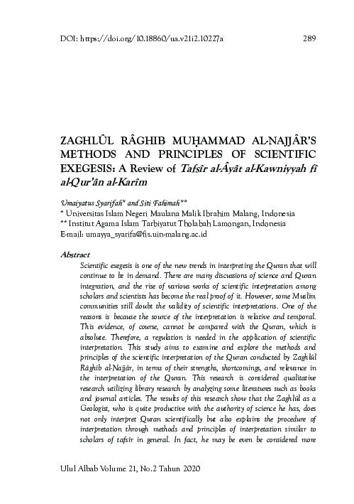 (PDF) ZAGHLÛL RÂGHIB MUḤAMMAD AL-NAJJÂR’S METHODS AND PRINCIPLES OF SCIENTIFIC EXEGESIS: A ...