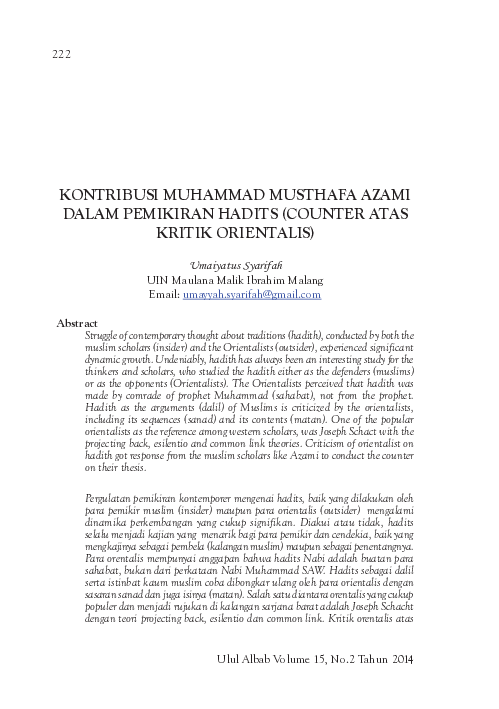 (PDF) Kontribusi Muhammad Musthafa Azami Dalam Pemikiran Hadis (Counter ...
