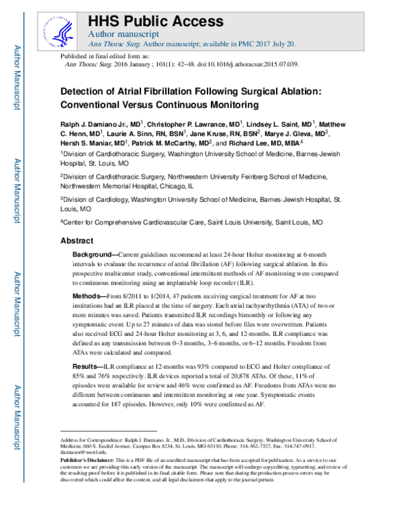 (PDF) Detection of Atrial Fibrillation After Surgical Ablation: Conventional Versus Continuous ...