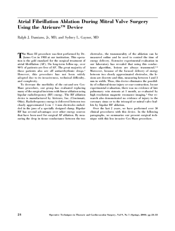 (PDF) Atrial fibrillation ablation during mitral valve surgery using the Atricure™ device