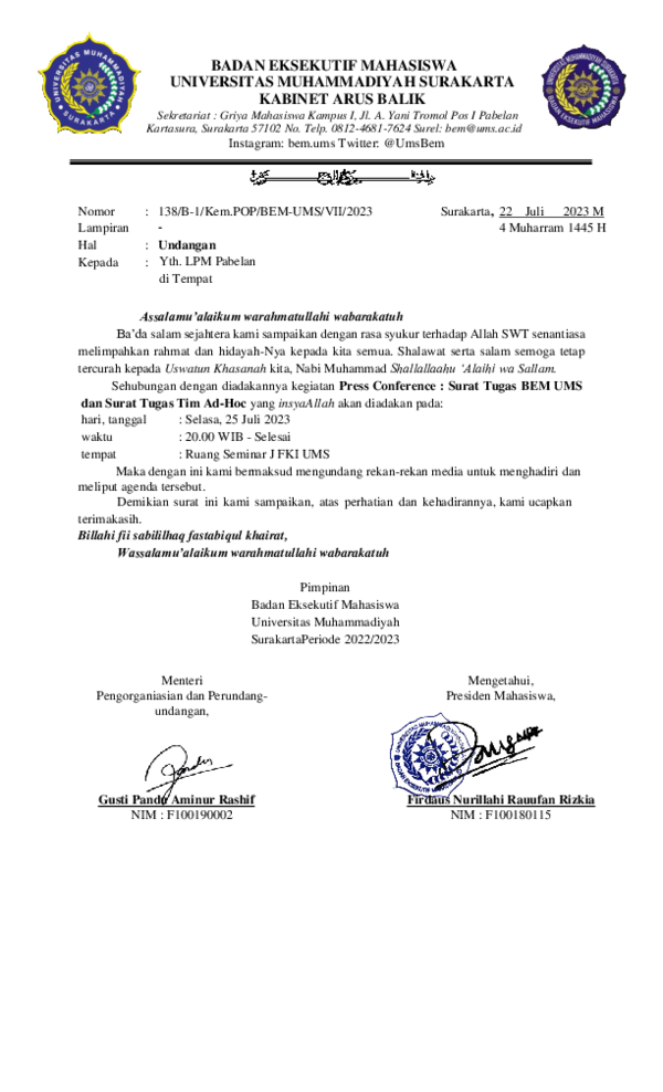 (PDF) -Surat Undangan Konferensi Pers (LPM Pabelan) | DKM Pusat ...