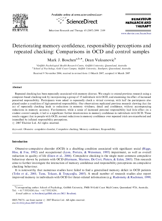(PDF) Deteriorating memory confidence, responsibility perceptions and repeated checking ...