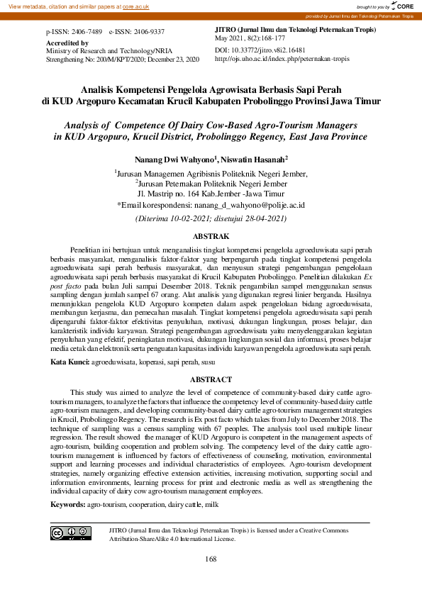 (PDF) Analisis Kompetensi Pengelola Agrowisata Berbasis Sapi Perah di ...