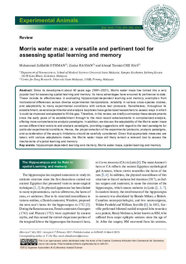 (PDF) Morris water maze: a versatile and pertinent tool for assessing ...