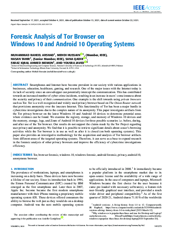 (PDF) Forensic Analysis of Tor Browser on Windows 10 and Android 10 Operating Systems