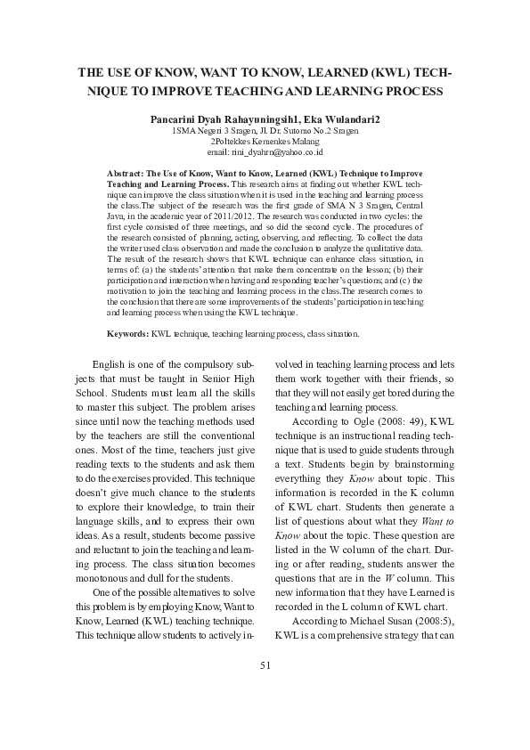 (PDF) The Use Of Know, Want To Know, Learned (KWL) Technique To Improve ...