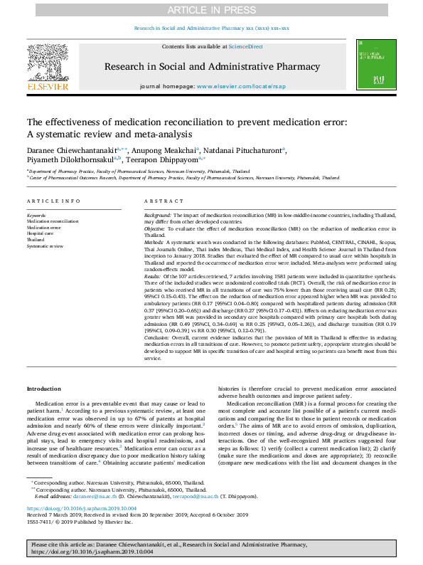 (PDF) The effectiveness of medication reconciliation to prevent medication error: A systematic ...