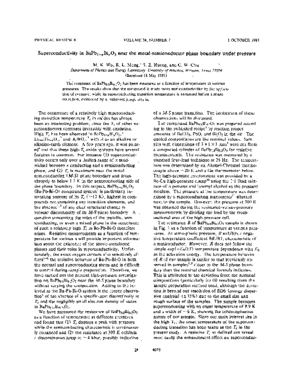 (PDF) Superconductivity inBaPb1−xBixO3near the metal-semiconductor phase boundary under pressure