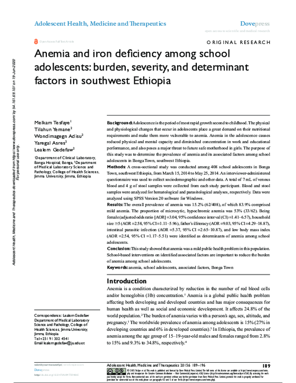 (PDF) Anemia and iron deficiency among school adolescents: burden ...