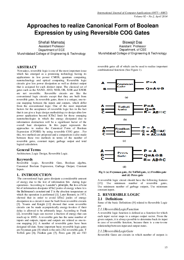 Pdf Approaches To Realize Canonical Form Of Boolean Expression By Using Reversible Cog Gates 