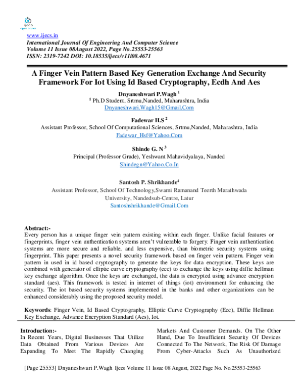 (PDF) A Finger Vein Pattern based Key GenerationExchange and Security ...
