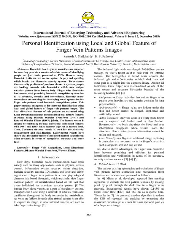 Pdf Personal Identification Using Local And Global Feature Of Finger Vein Patterns Using Svm