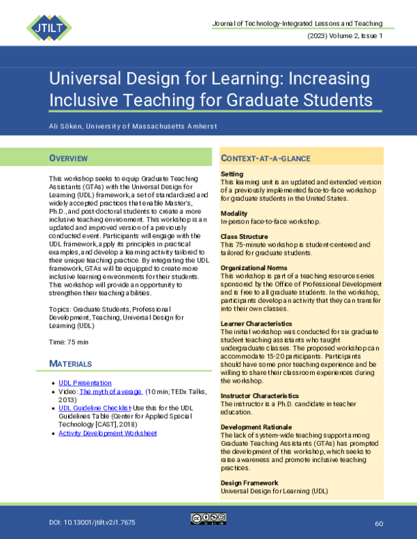 (PDF) Universal Design for Learning: Increasing Inclusive Teaching for Graduate Students