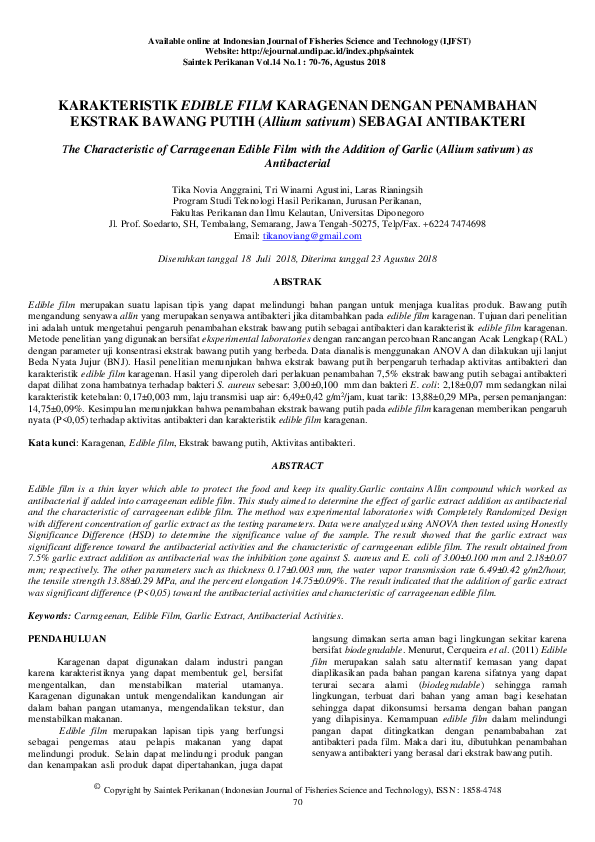 (PDF) KARAKTERISTIK EDIBLE FILM KARAGENAN DENGAN PENAMBAHAN EKSTRAK BAWANG PUTIH (Allium sativum ...