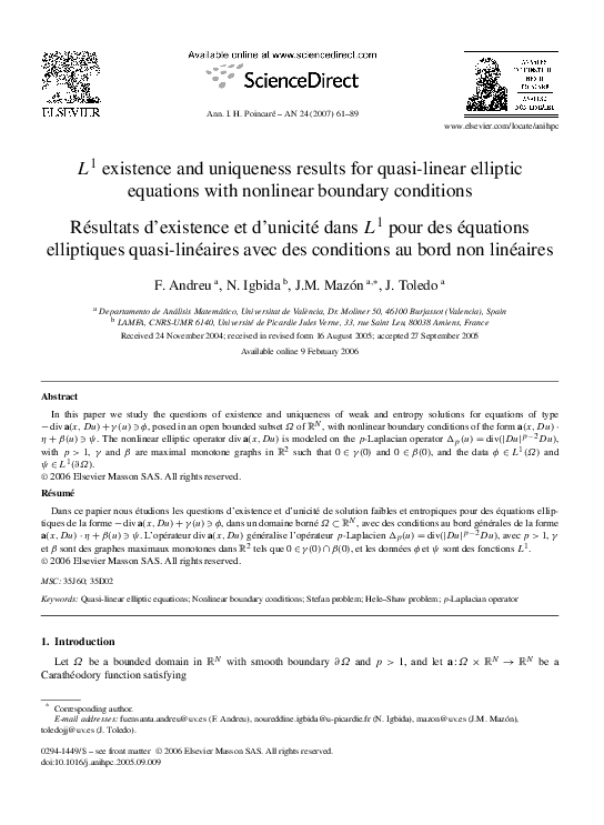 (PDF) \( L^{1} \) existence and uniqueness results for quasi-linear elliptic equations with ...