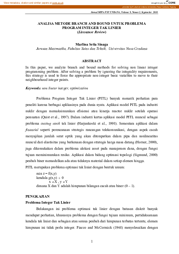 (PDF) ANALISA METODE BRANCH AND BOUND UNTUK PROBLEMA PROGRAM INTEGER TAK LINIER (Literature Review)