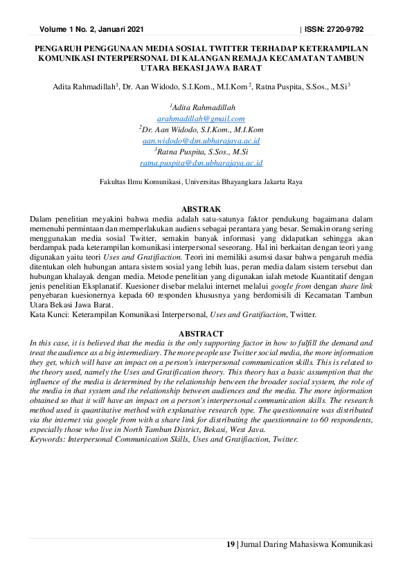 (PDF) Pengaruh Penggunaan Media Sosial Twitter Terhadap Keterampilan Komunikasi Interpersonal DI ...