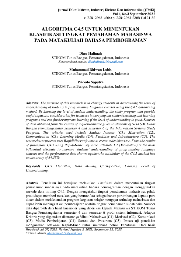 (PDF) Algoritma C4.5 Untuk Menentukan Klasifikasi Tingkat Pemahaman Mahasiswa Pada Matakuliah ...