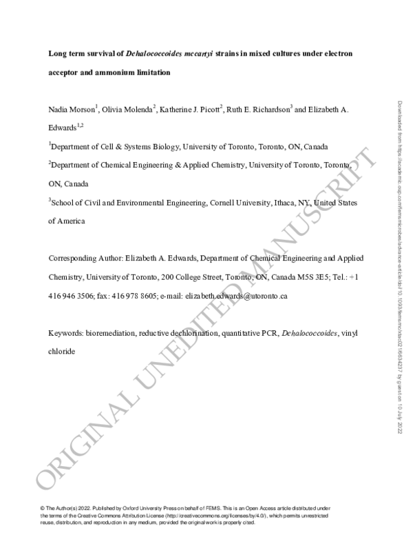 (PDF) Long term survival of Dehalococcoides mccartyi strains in mixed ...
