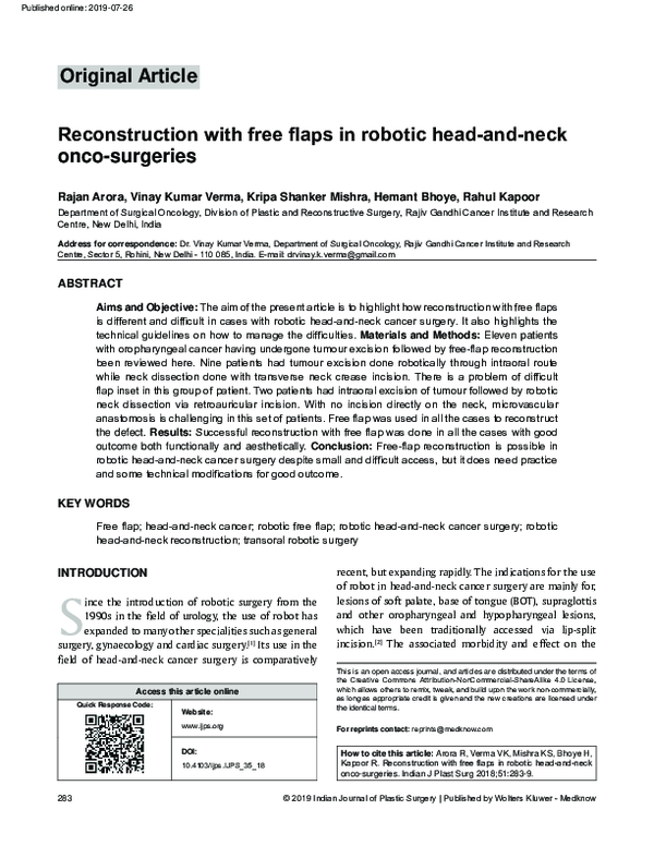 (PDF) Reconstruction with free flaps in robotic head-and-neck onco ...