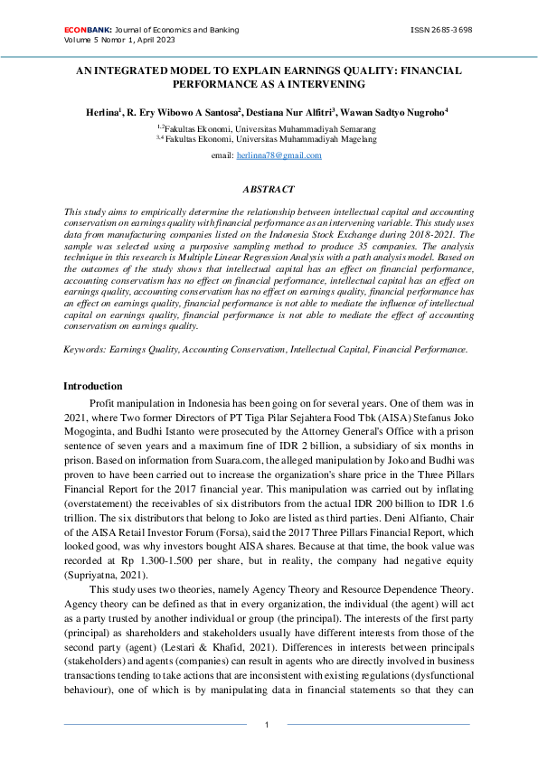 (PDF) An INTEGRATED MODEL TO EXPLAIN EARNINGS QUALITY: FINANCIAL PERFORMANCE AS A INTERVENING