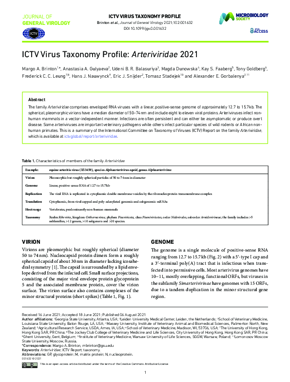 Pdf Ictv Virus Taxonomy Profile Arteriviridae 2021 8861