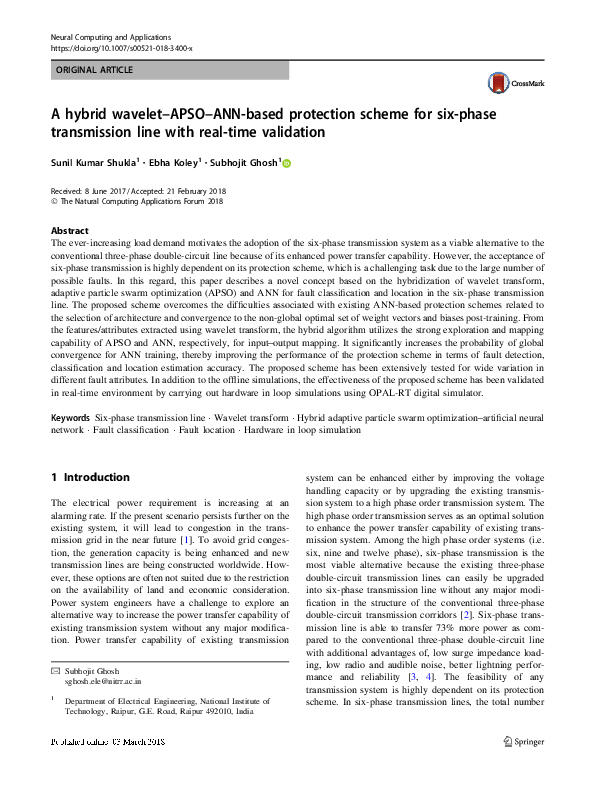 Pdf A Hybrid Wavelet Apso Ann Based Protection Scheme For Six Phase Transmission Line With