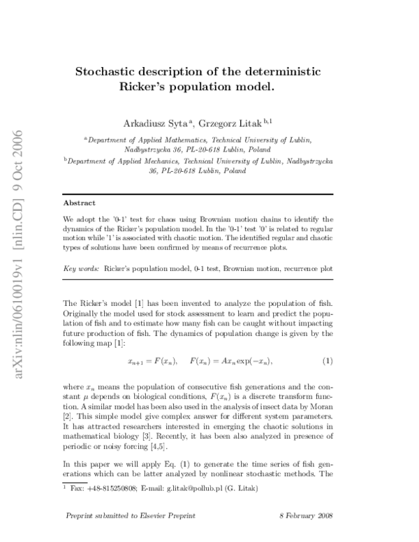 (PDF) Stochastic description of the deterministic Ricker’s population model