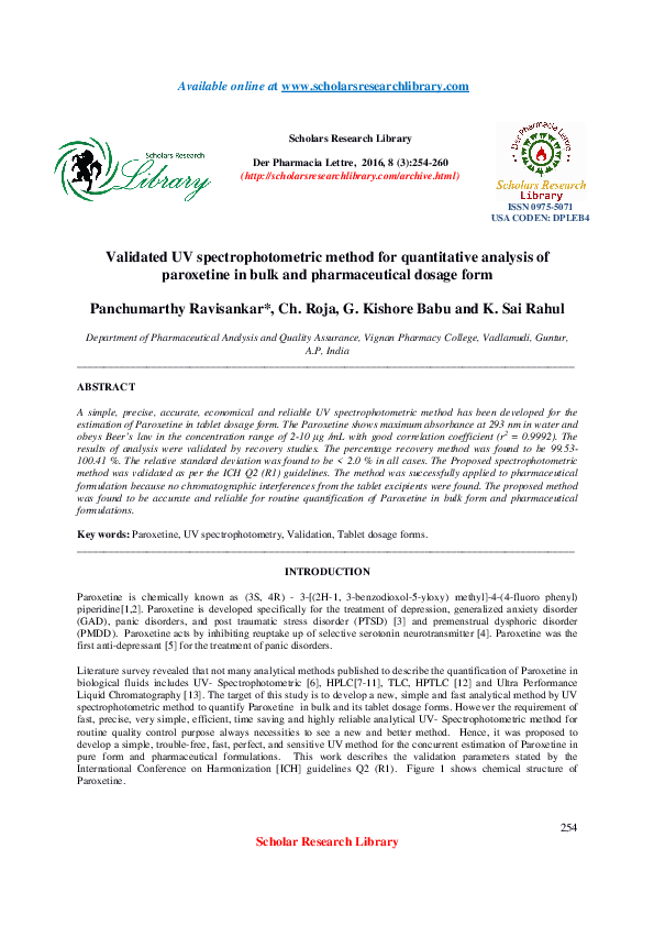 Pdf Validated Uv Spectrophotometric Method For Quantitative Analysis Ofparoxetine In Bulk And