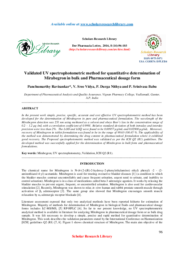 (PDF) Validated UV spectrophotometric method for quantitative determination ofMirabegron in bulk ...