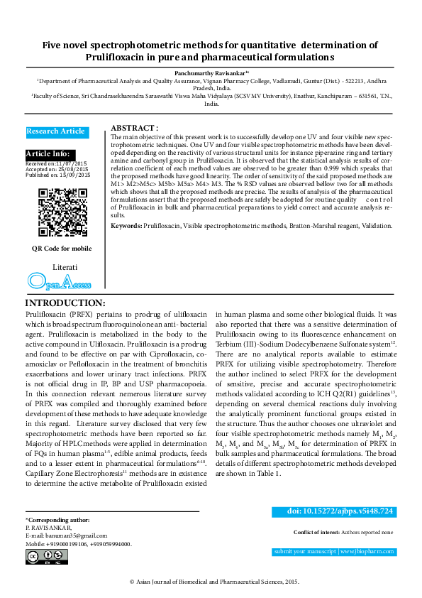 (PDF) Five novel spectrophotometric methods for quantitative determination of Prulifloxacin in ...