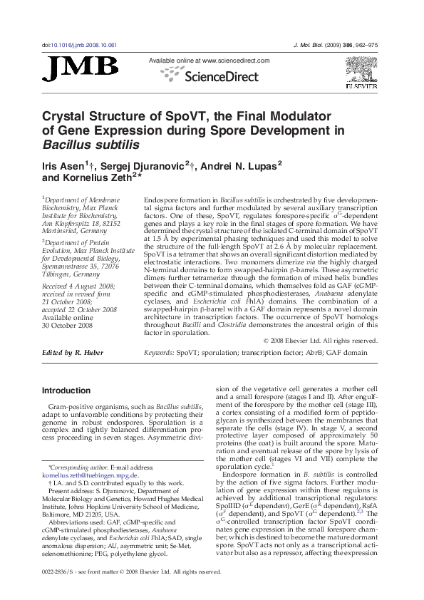 (PDF) Crystal Structure of SpoVT, the Final Modulator of Gene ...
