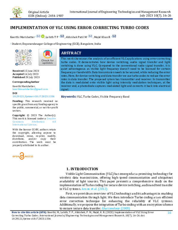 Pdf Implementation Of Vlc Using Error Correcting Turbo Codes 7336