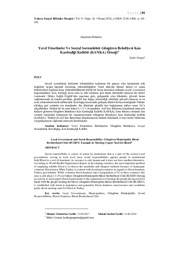 (PDF) Yerel Yönetimler Ve Sosyal Sorumluluk Güngören Belediyesi Kan Kardeşliği Kulübü (Kanka) Örneği