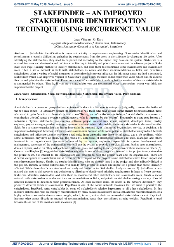 (PDF) Stakefinder – an Improved Stakeholder Identification Technique Using Recurrence Value